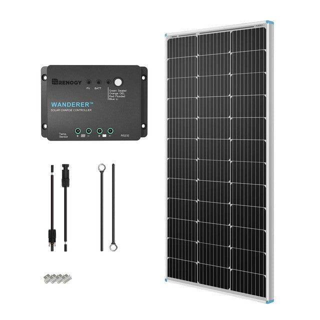 Renogy 100W 12V Monocrystalline Solar Starter Kit w/Wanderer 30A Charge ...